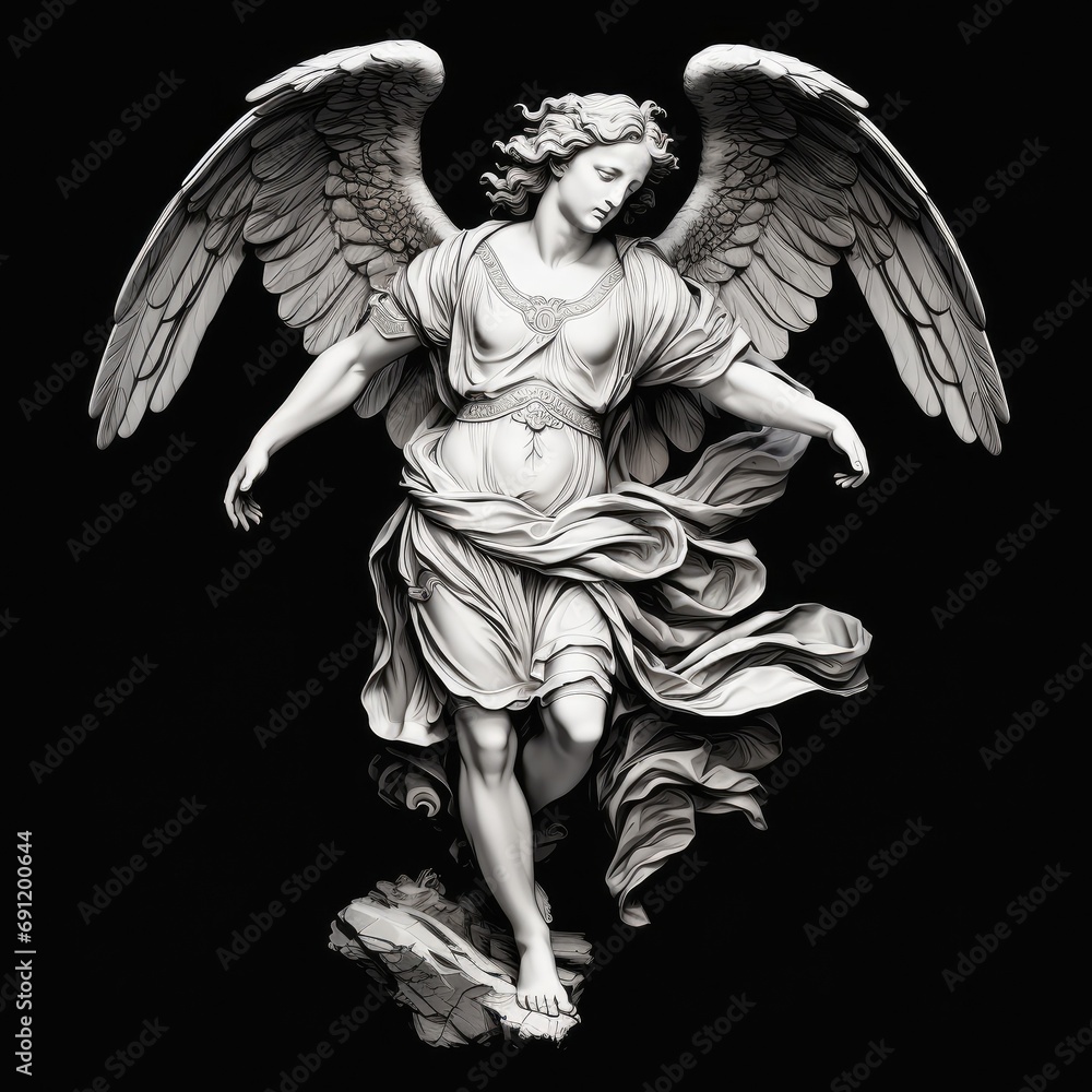 a sculpted marble male Guardian Angel on a dark background, in a square ...