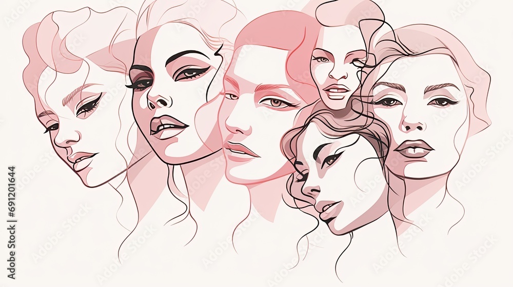 Women's faces drawn from a continuous line with subtle color fills in a ...