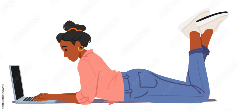 Poster Woman Hunches Over Her Laptop, Lying On Belly, Adopting Improper ...