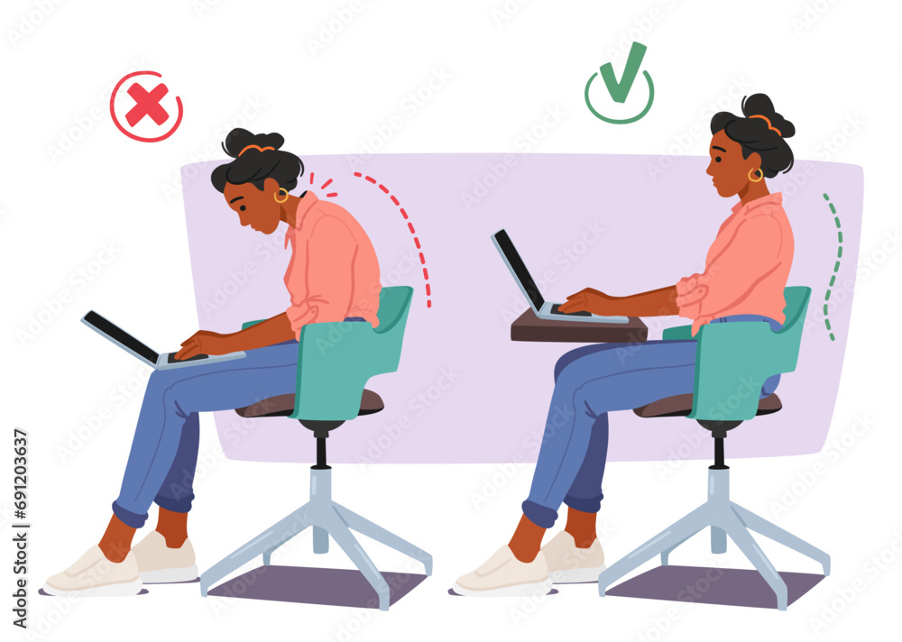 Woman Showing Bad And Good Poses For Working On Laptop. Wrong, Hunched ...
