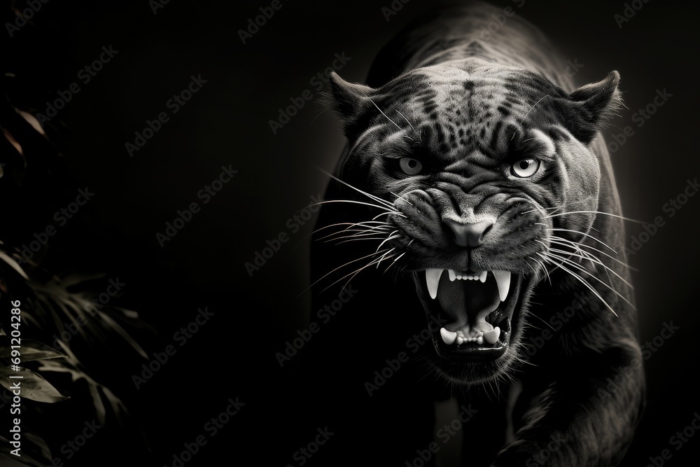 A Snarling Black Jaguar In A Black And White Photo Chiaroscuro Lighting With Room For Copy In A