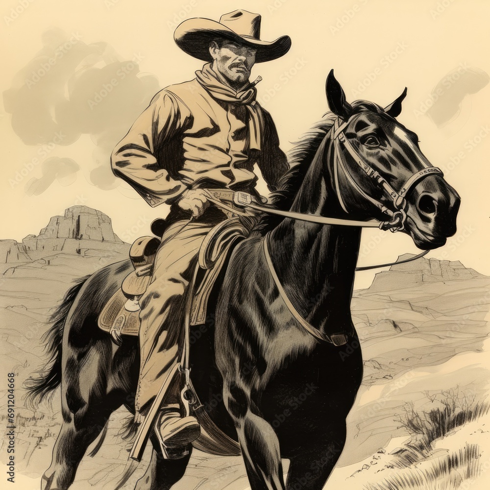a horizontal layout, of a Cowboy, on a galloping horse in an old west ...