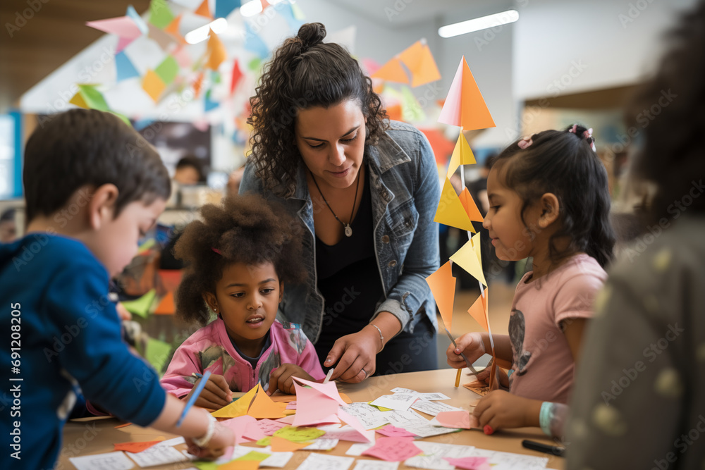 Adults and kids working together in community-building activities, with ...