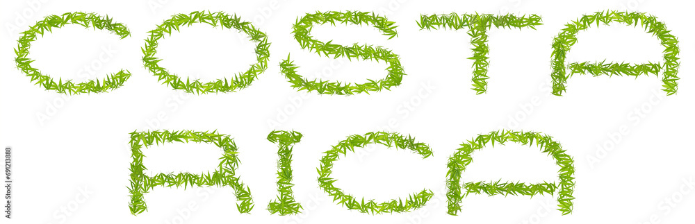 Costa Rica word laid out from marijuana leaves. Legalize concept ...