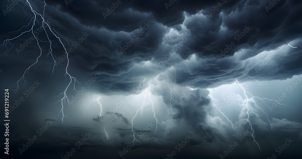 Thunderous dark sky with black clouds and flashing lightning. Panoramic view. Concept on the ...