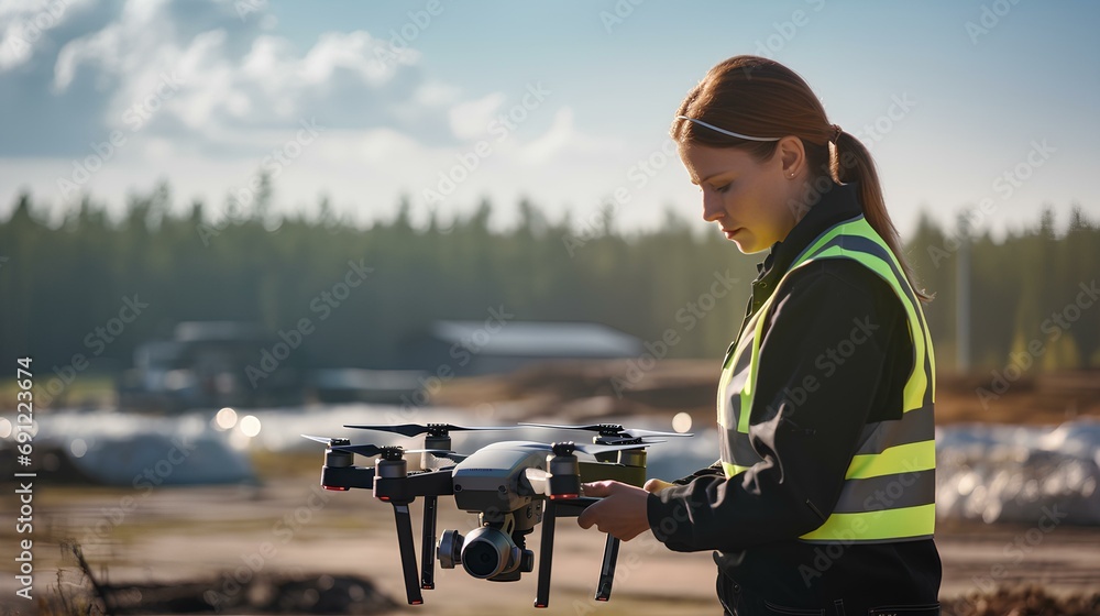 A female drone engineer controlling a state-of-the-art drone using a ...