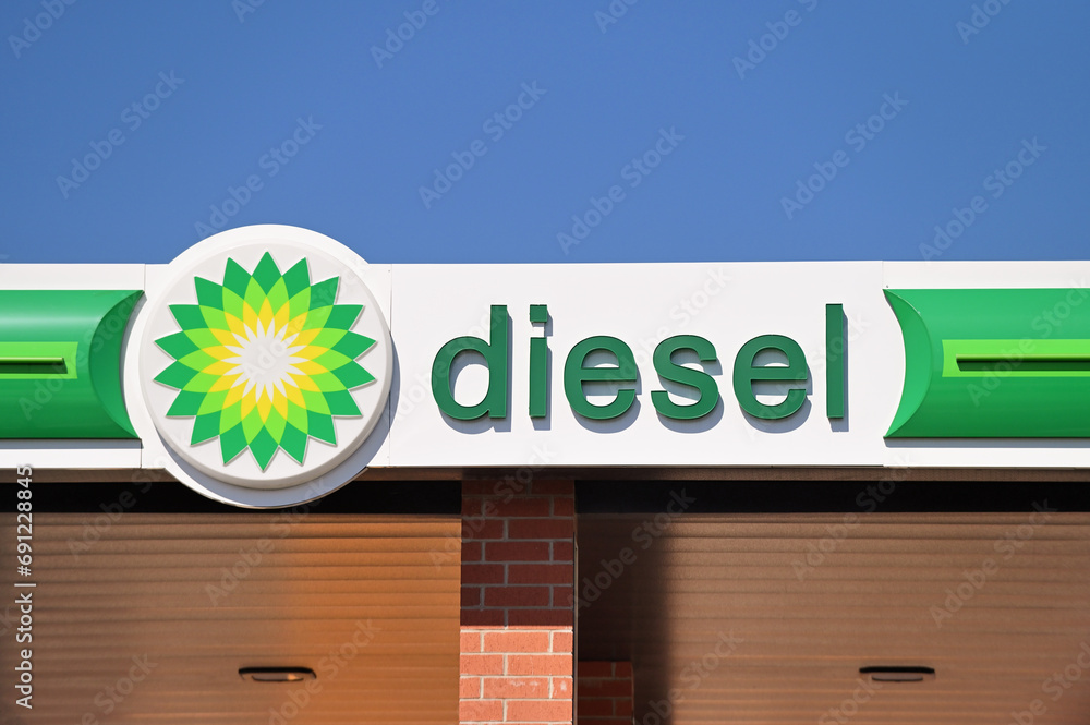 A service station sign indicating that BP diesel fuel is available at ...