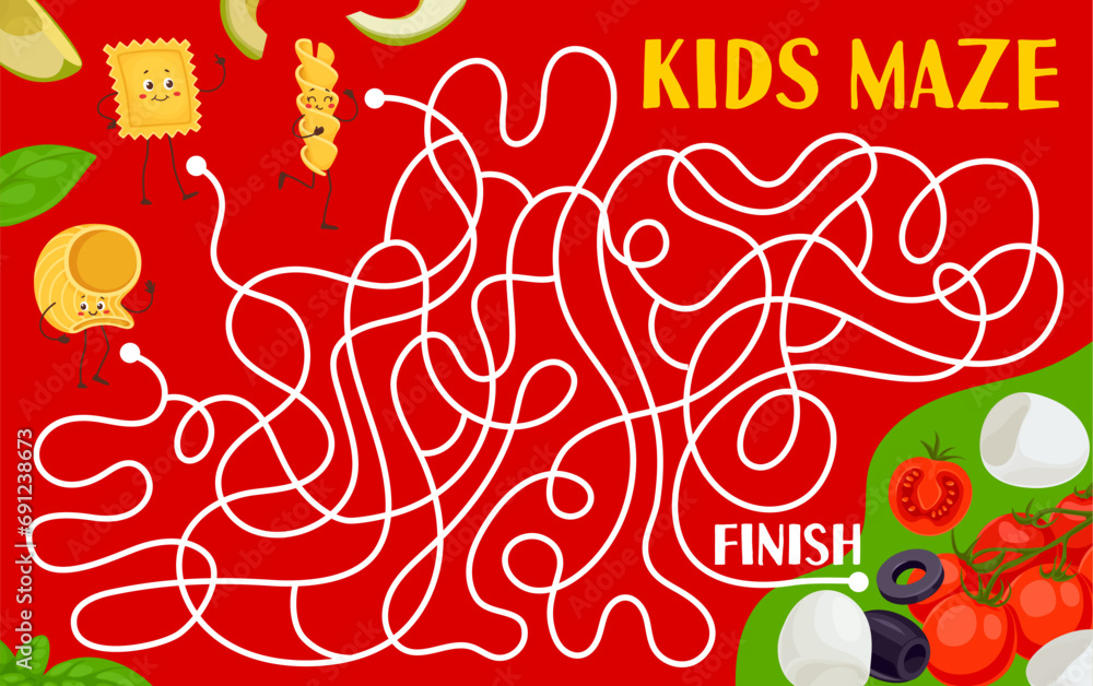 Labyrinth maze. Help to funny italian pasta characters find a salad ...