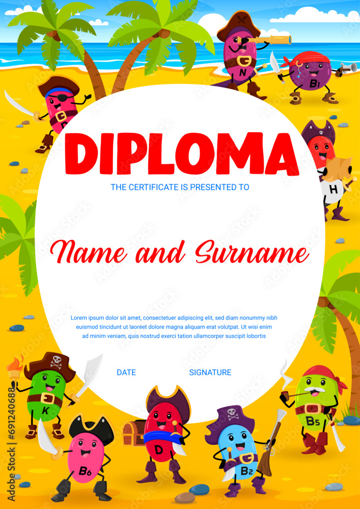 Kids diploma. Cartoon vitamin and micronutrient pirate or corsair ...