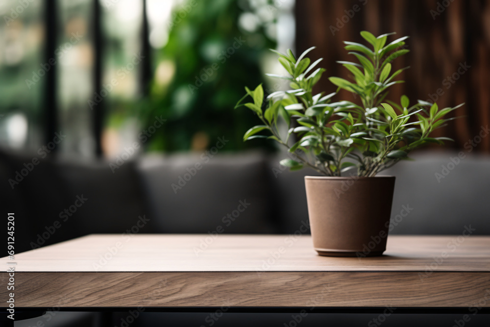 Wooden and minimalist empty coffee table close-up, the interior of a ...