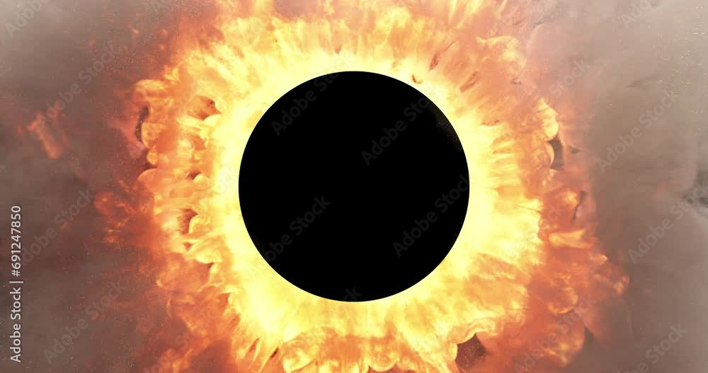Dynamic fire and smoke blast animation centered around a black circle ...