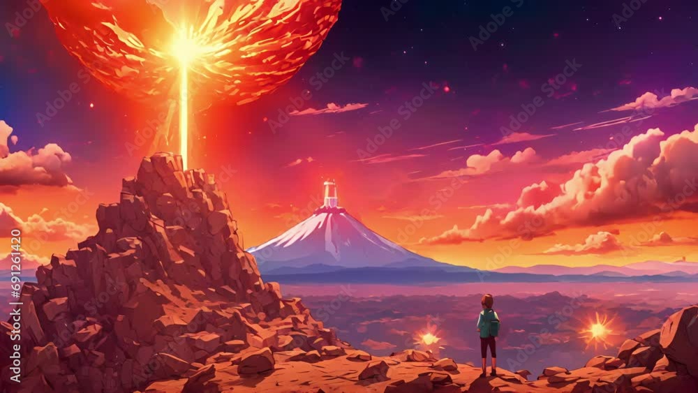 lone scientist stands rocky outcrop, adjusting equipment solar flare ...