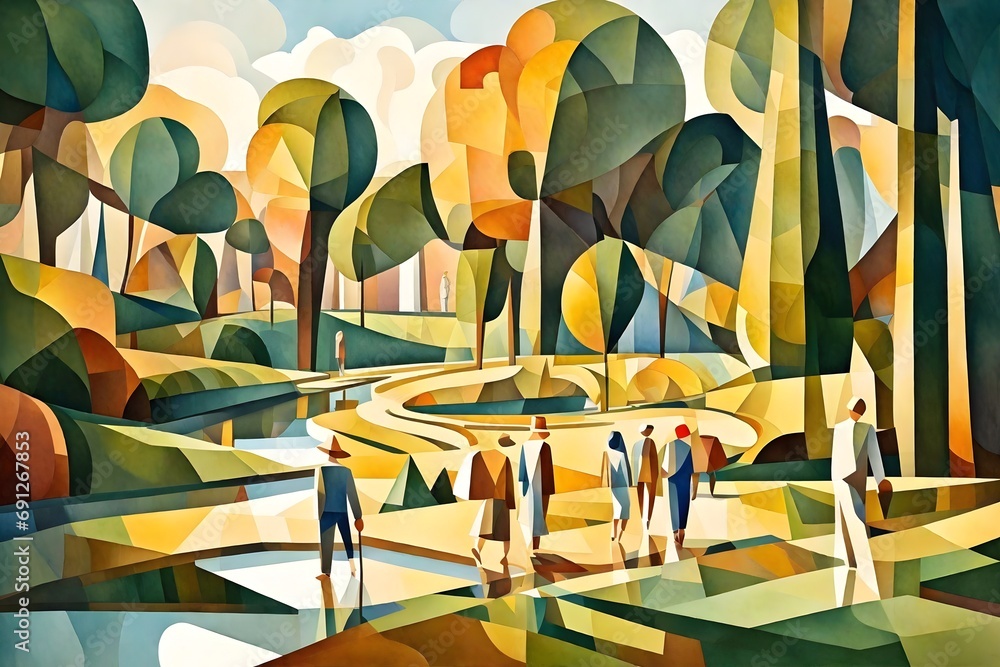 People take a stroll in the garden in 1945 cubism water color art style ...