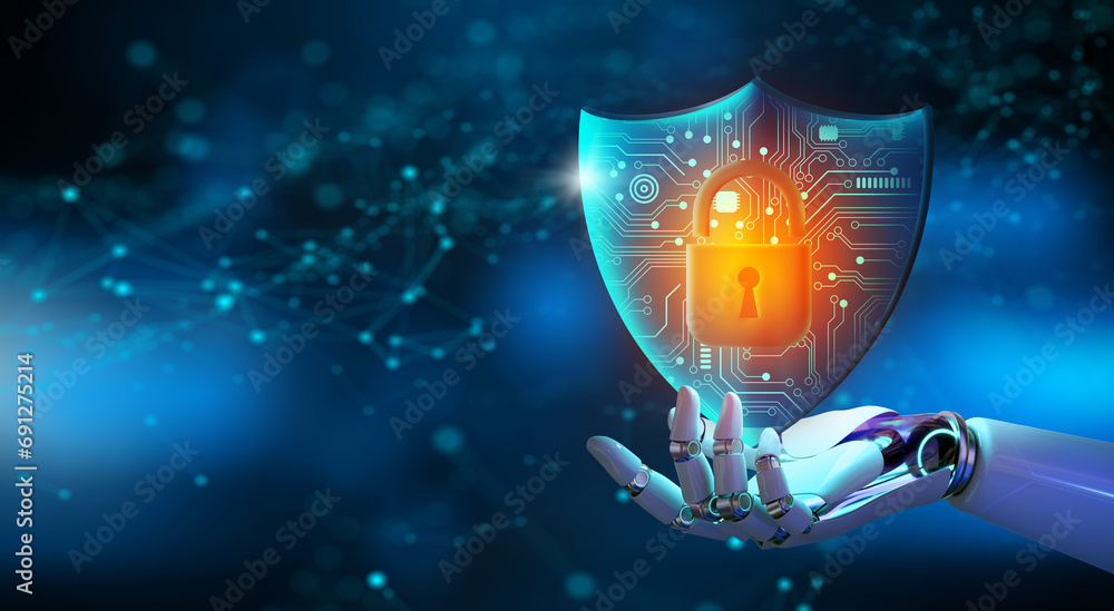 AI Robot Hand holding Shield with Padlock icon over blue background ...
