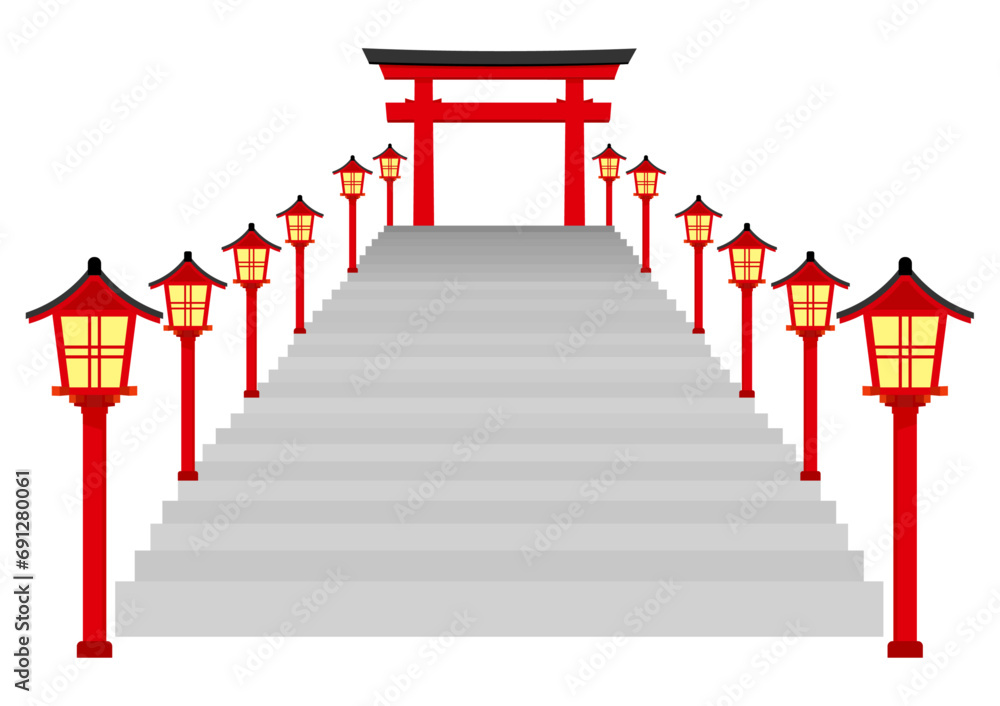 神社の鳥居までの灯篭の並んだ階段 Stock-Vektorgrafik | Adobe Stock