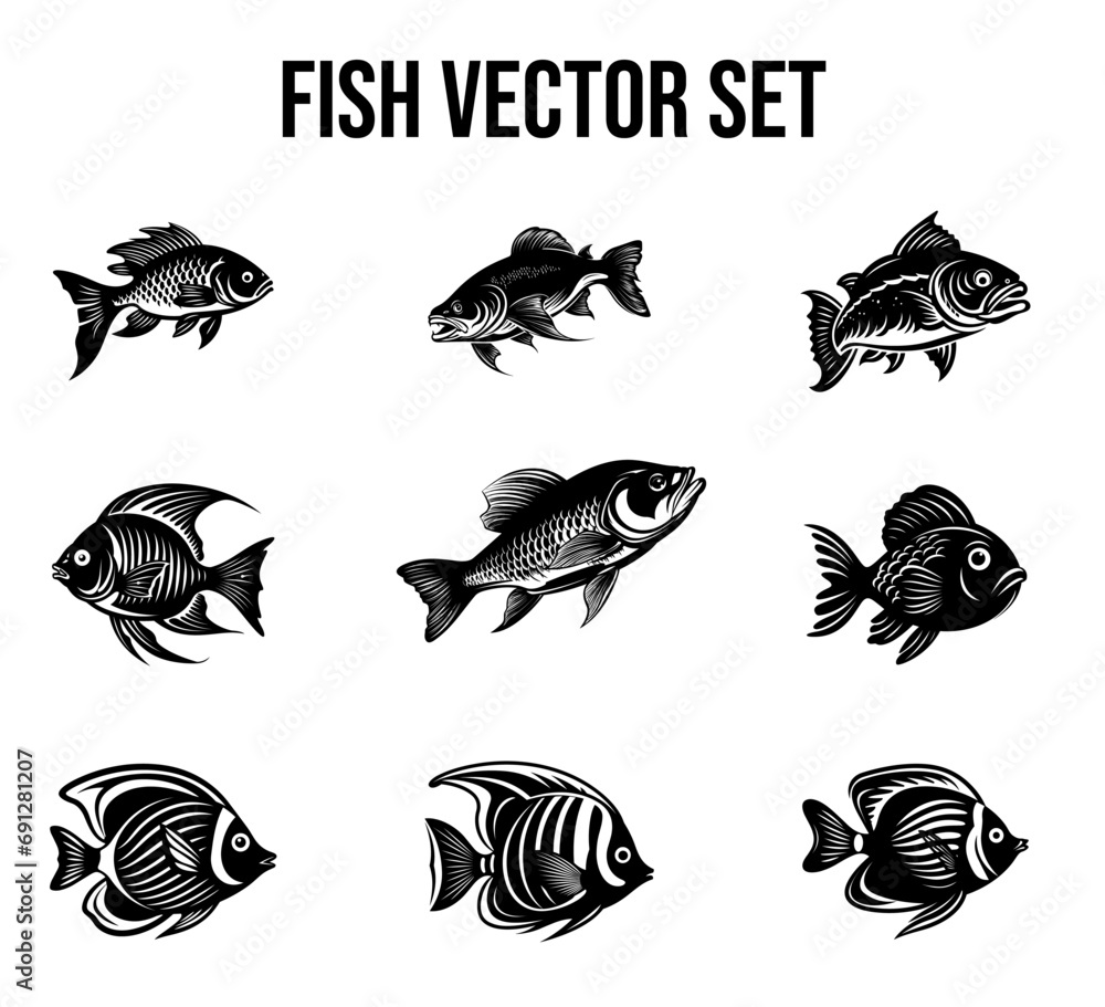"Impressive Collection of 9 Fish Pictograms, Each Vector Meticulously ...