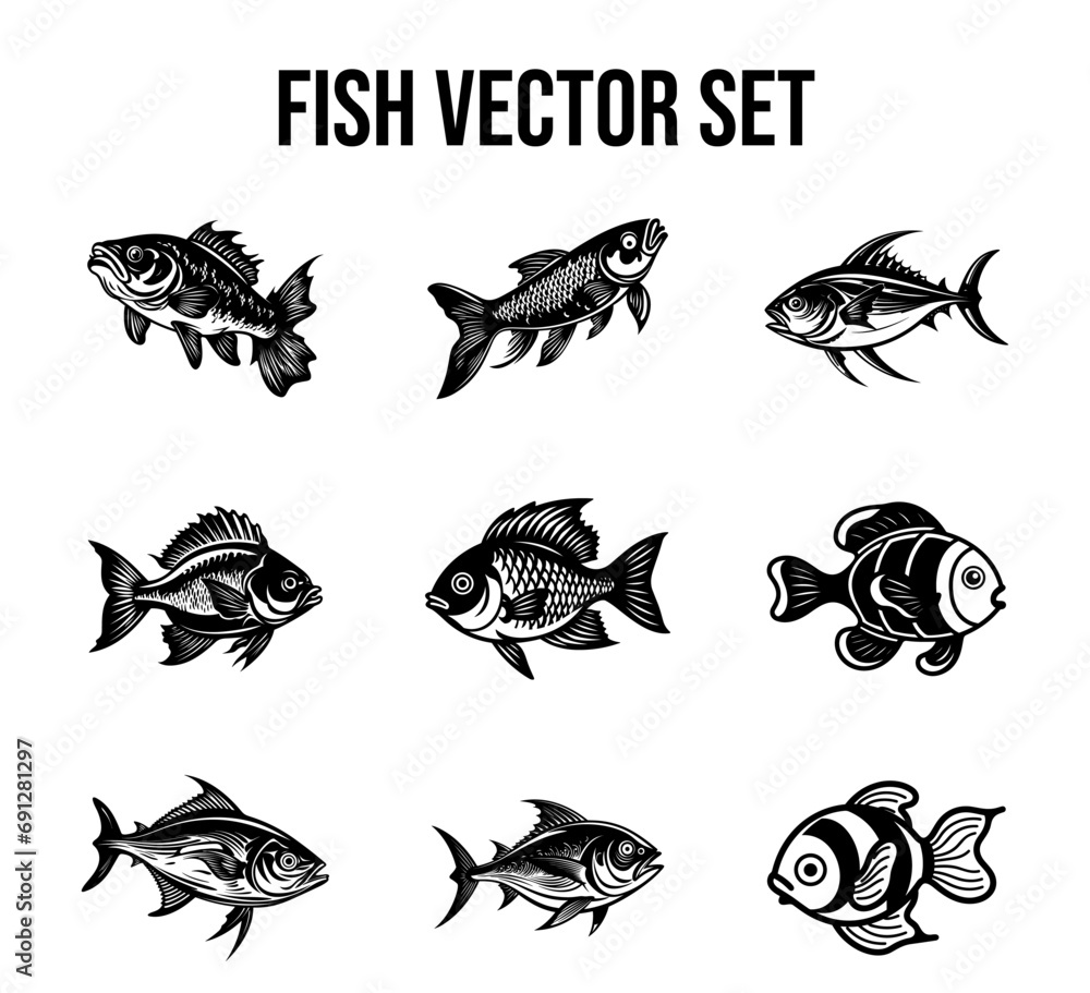 Vetor de "Impressive Collection of 9 Fish Pictograms, Each Vector ...
