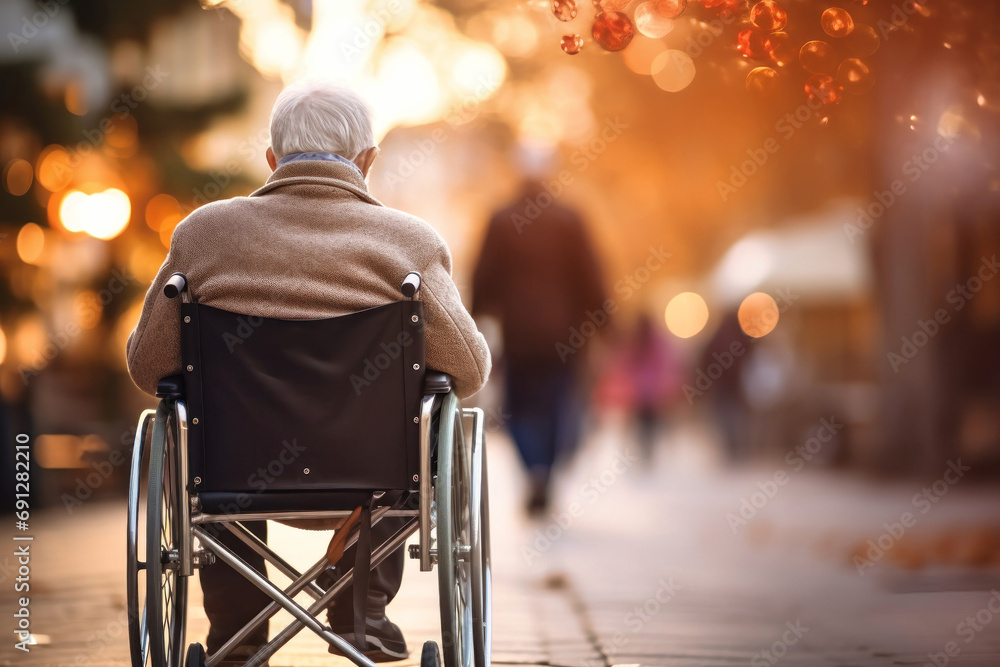 An elderly person with disabilities in a wheelchair in an autumn park ...