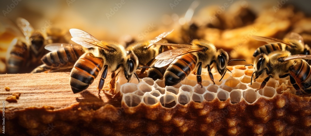 Bees covered with dust and mites on an empty honeycomb from a declining ...
