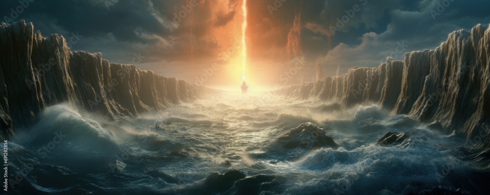 Ocean opening in biblical event of Moses. Opening of the Red Sea. 3D ...