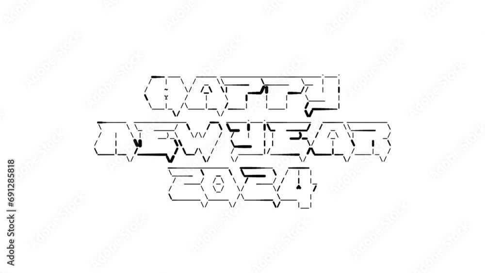 Happy New Year 2024 ascii animation on white background. Ascii art code ...