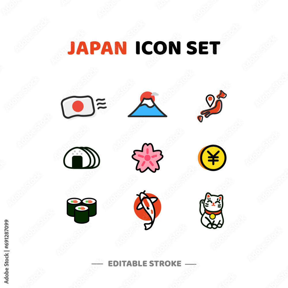 Japan Icon Set Symbol Illustration Vector . Including Japan flag, Japan ...