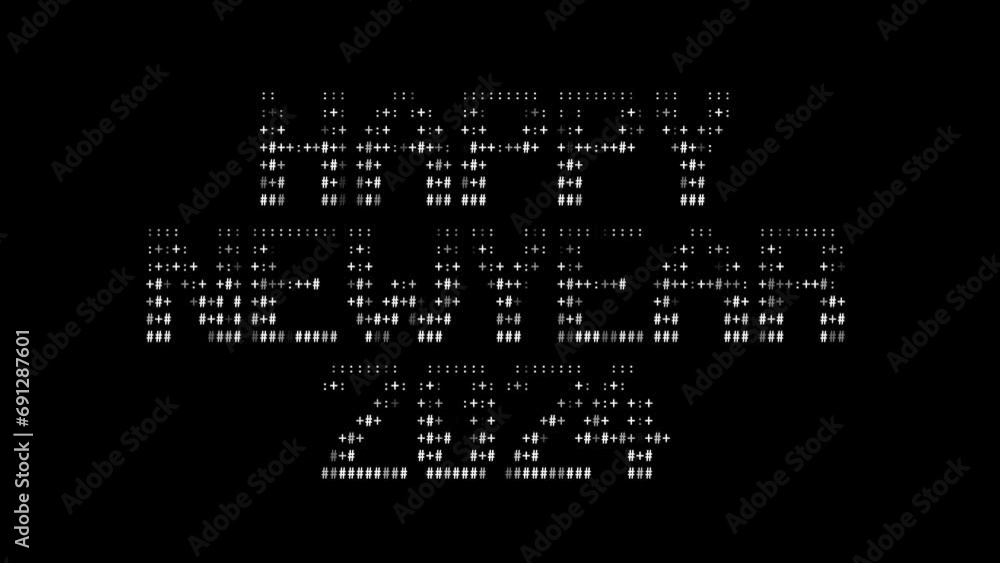 Happy New Year 2024 ascii animation on black background. Ascii art code ...