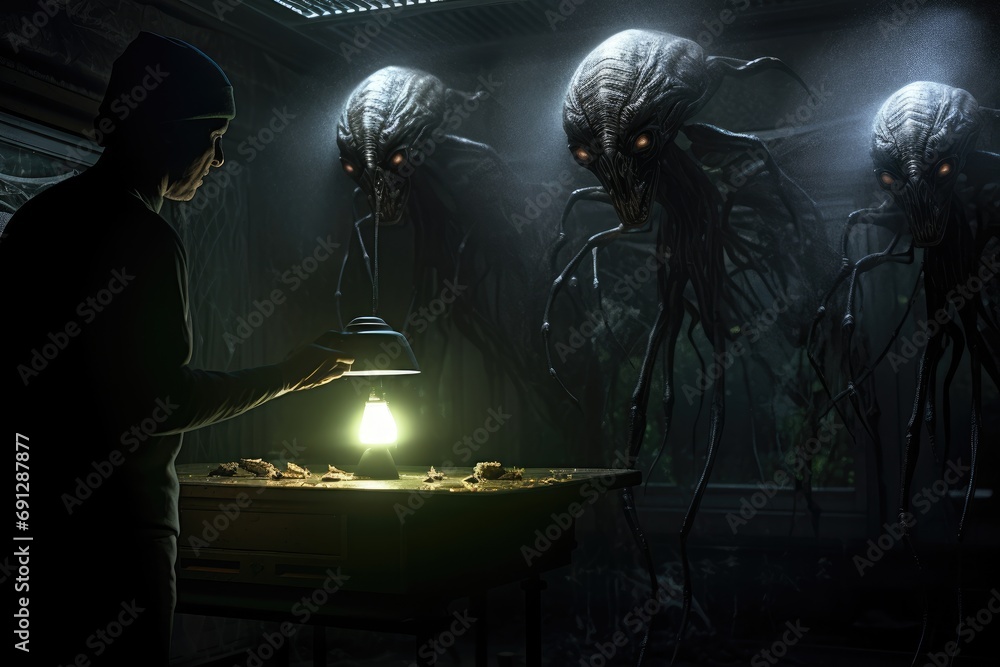 man in a dark corridor. a man in a dark suit with a alien head, 3 d ...