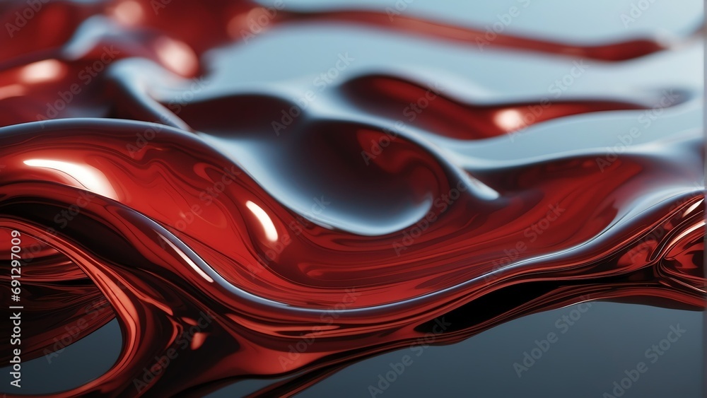 Shiny wavy red metallic fluid with a reflective chrome mirror water ...