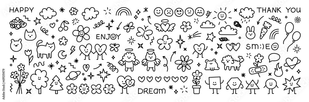 Cute kid scribble doodle icons set. Sun flower heart cat dog rainbow ...
