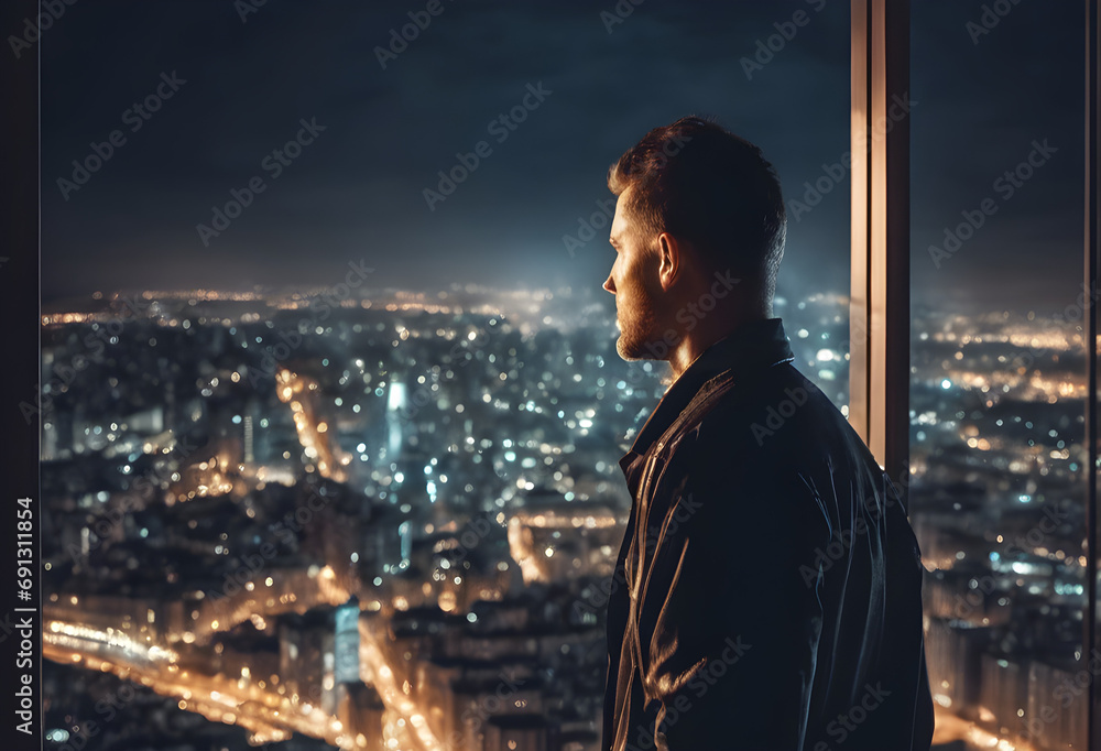 person in front of the city at night, taking a look from the window ...
