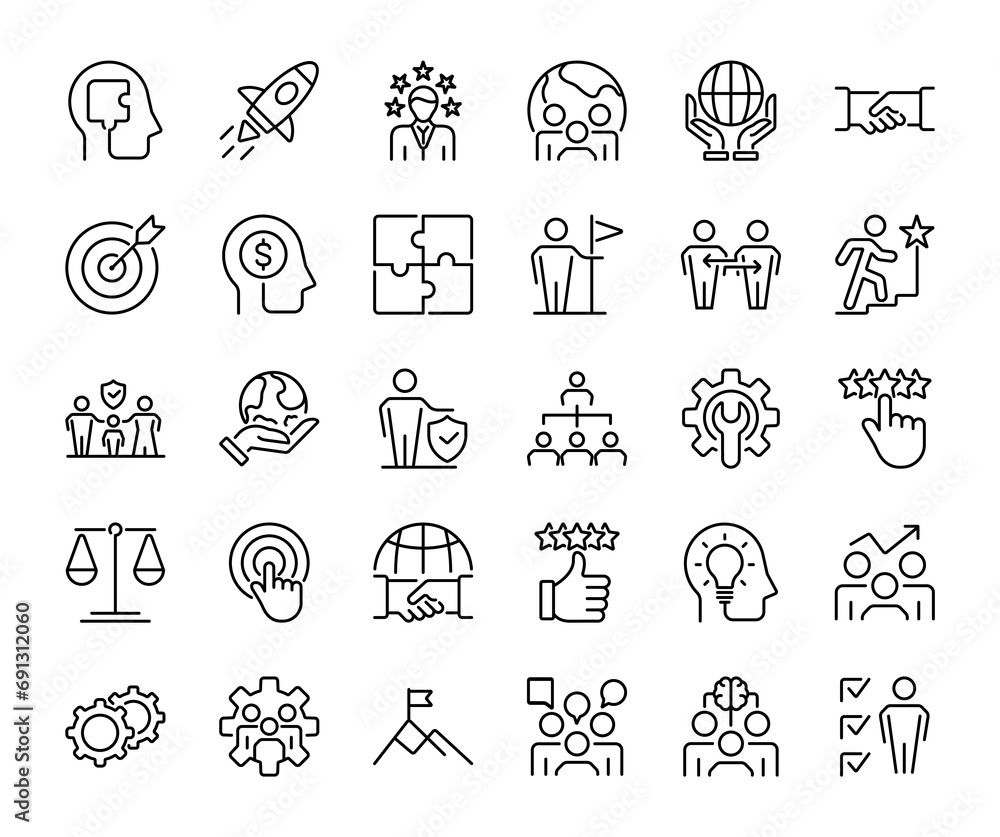 Core values line icons. Integrity, Empathy and Strategy. Vision, Social ...