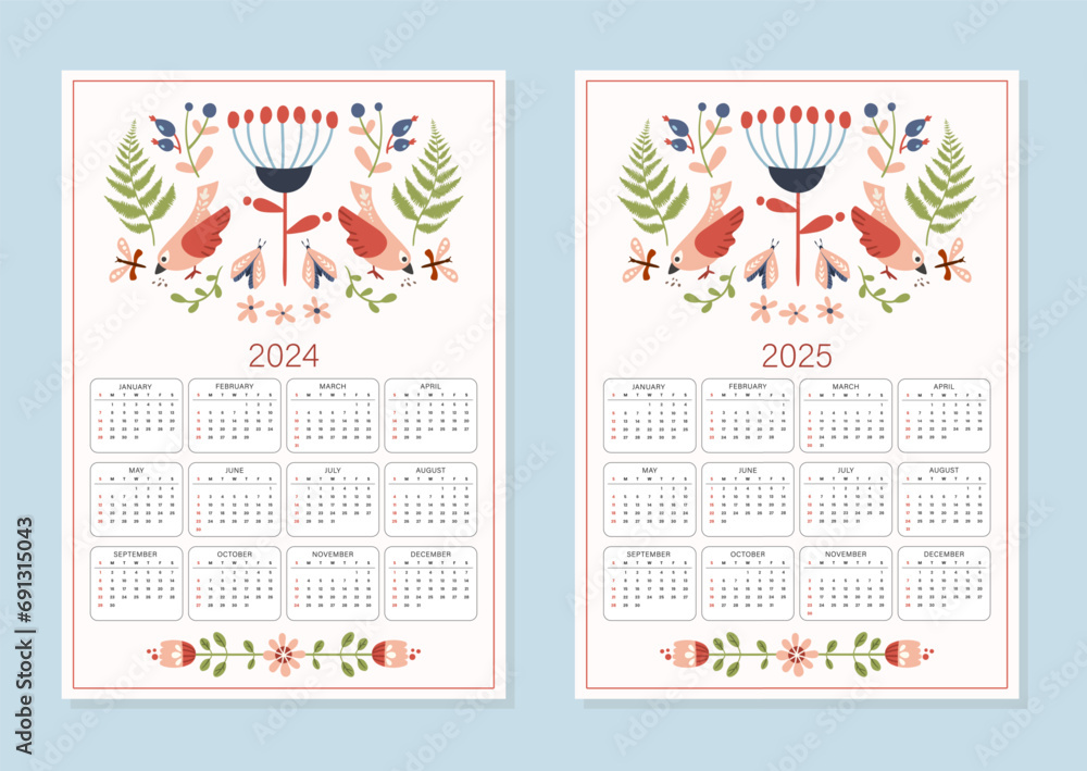 Folk hygge style calendar 2024 and 2025, whole year calendar printable ...
