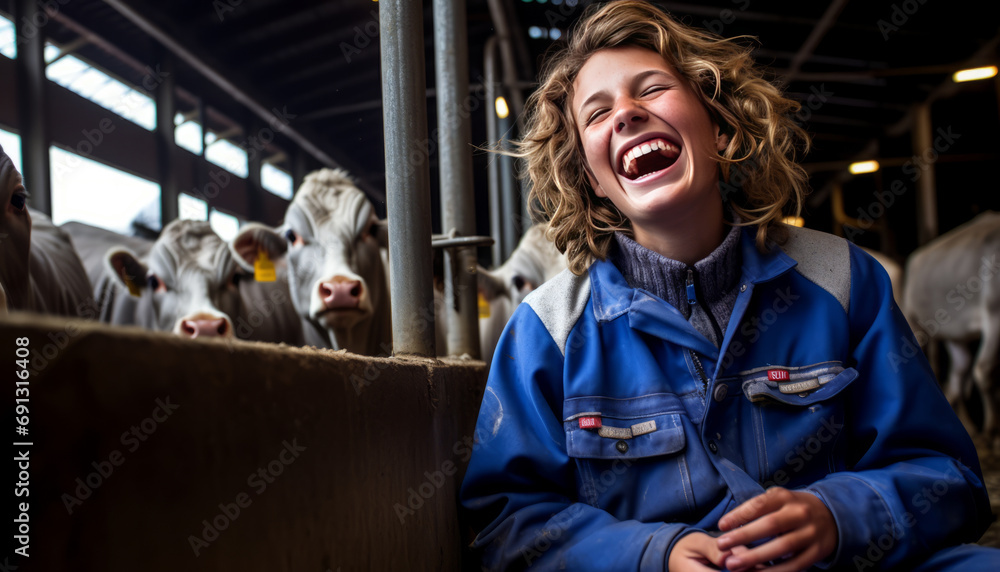 Lifestyle photo of a Dutch girl child farmer in hir stable feeding the ...