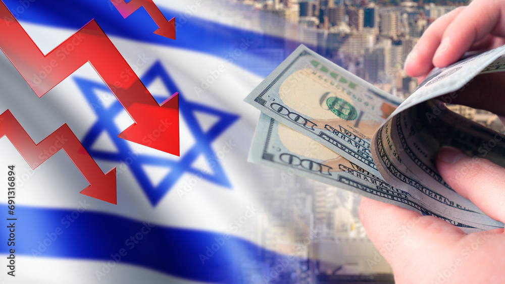 Financial crisis in Israel. Money near state flag. Down arrows as ...