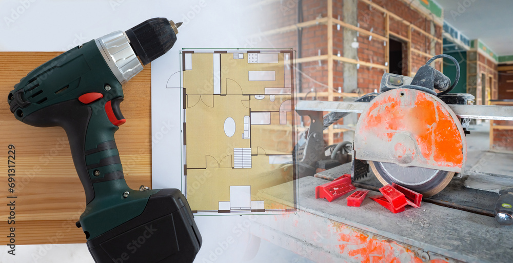 Construction background. Architectural drawings. Construction equipment ...