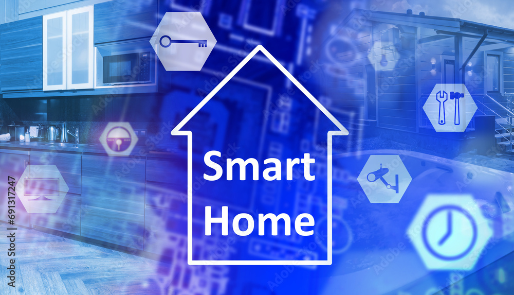 Smart home logo. IOT technologies for housing. Smart home icons near ...
