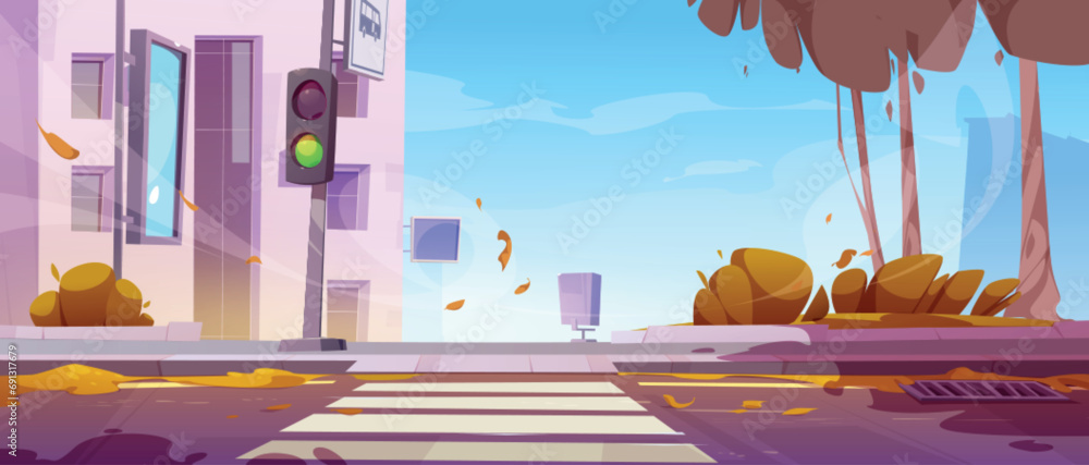 Cartoon autumn city street landscape with sidewalk and traffic light ...