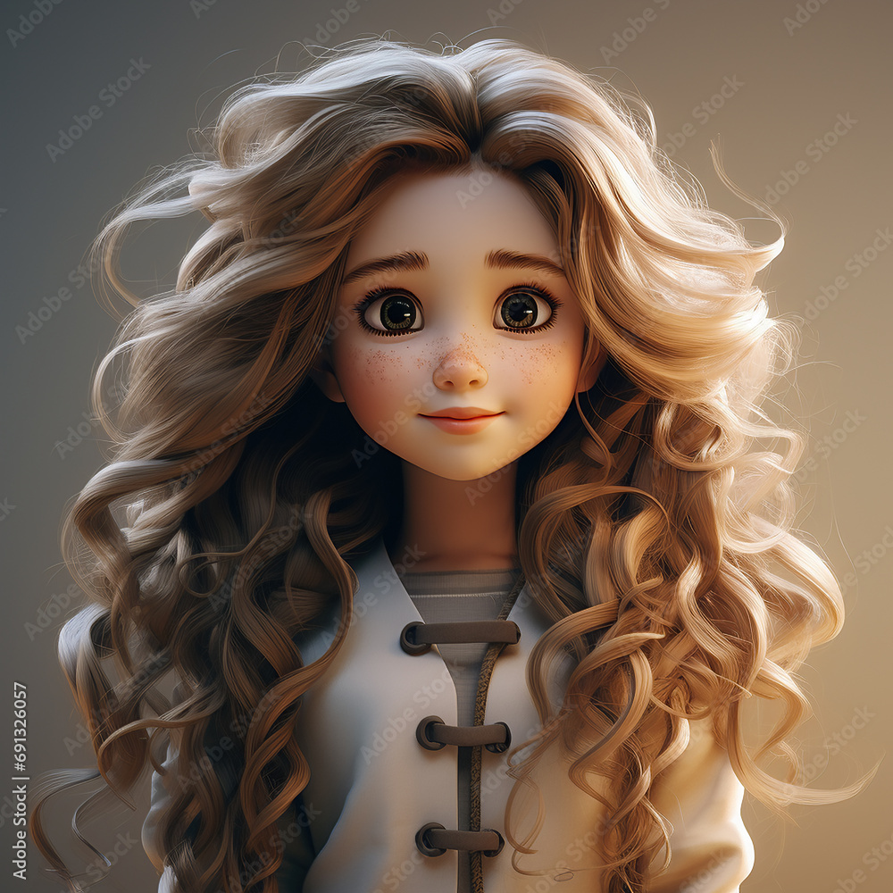 3d Cartoon Illustration Of A Cute Young Girl With Big Eyes And Long