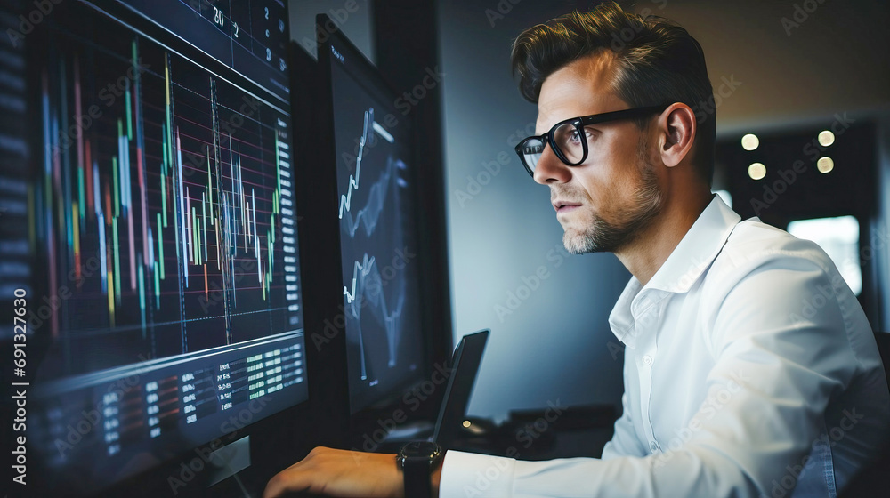 Man sitting in an office desk with a computer monitor displaying charts ...