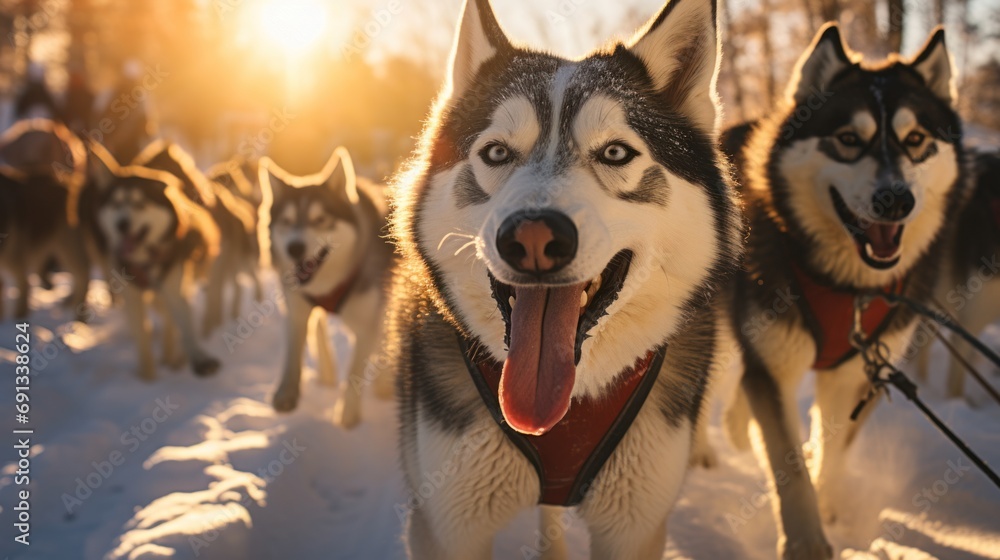 Man running behind a sled in a sled dog race in the snow in winter ...