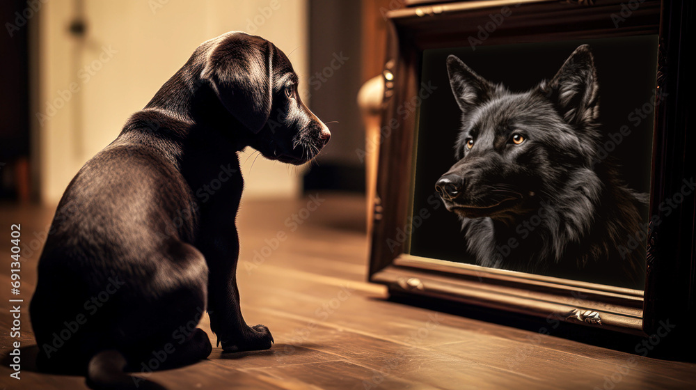 Black Labrador Puppy Looking at a Mirror and Seeing His Reflection as a ...