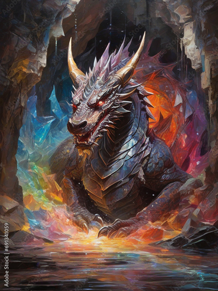 Oil painting of a formidable dragon in a cave backdrop filled with ...