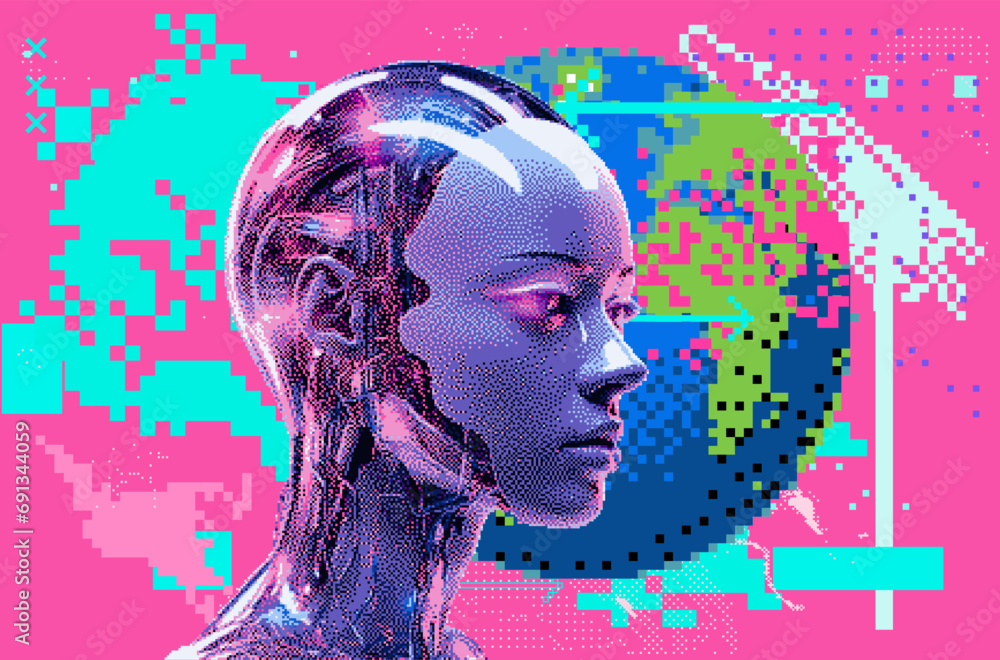 Vecteur Stock Pixel art of an artificial robotic humanoid head with ...