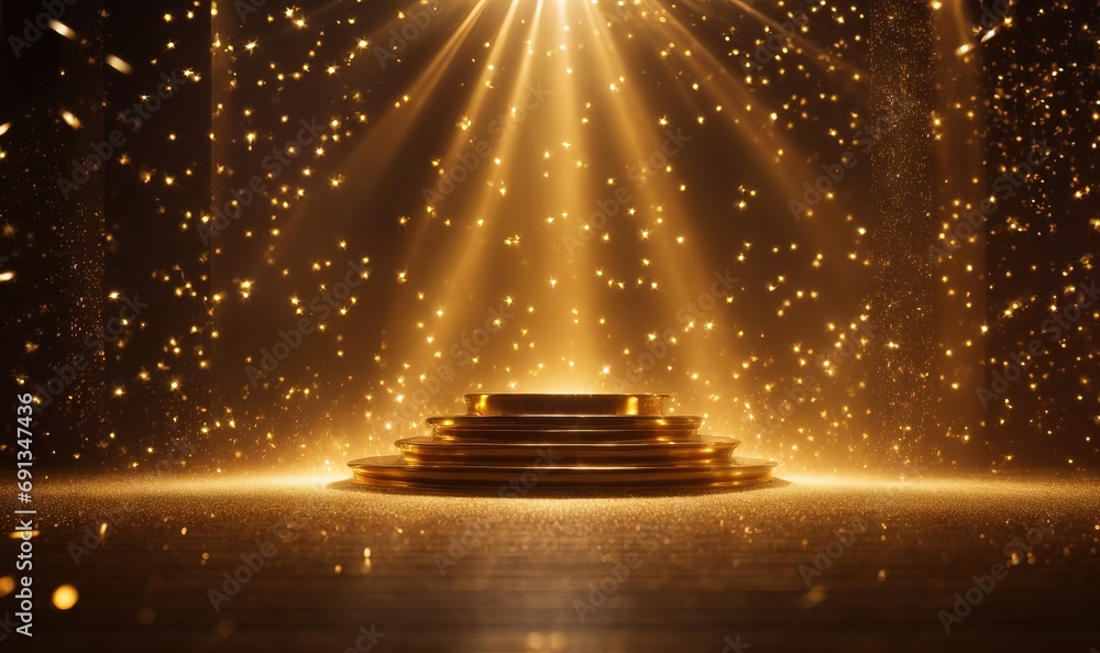 Gold lights rays scene background. Golden light award stage with rays ...