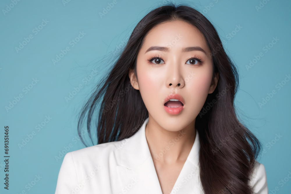 Beautiful young asian korean woman surprised facial expression with ...