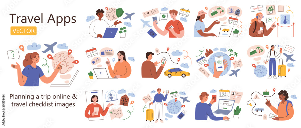 Planning a trip scenes collection, hand drawn set of traveling ...