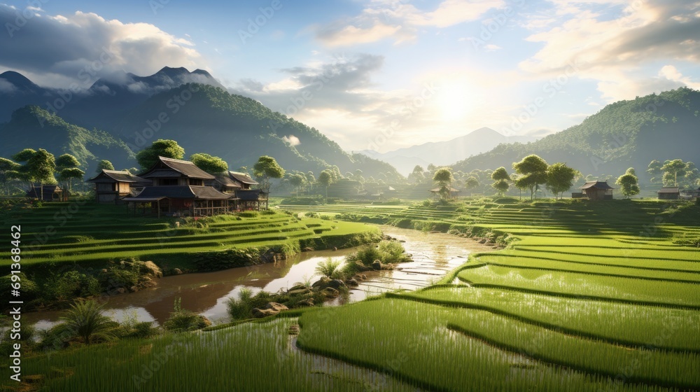 rural asian landscape, sunrise farm, sunrise garden, morning, rice ...