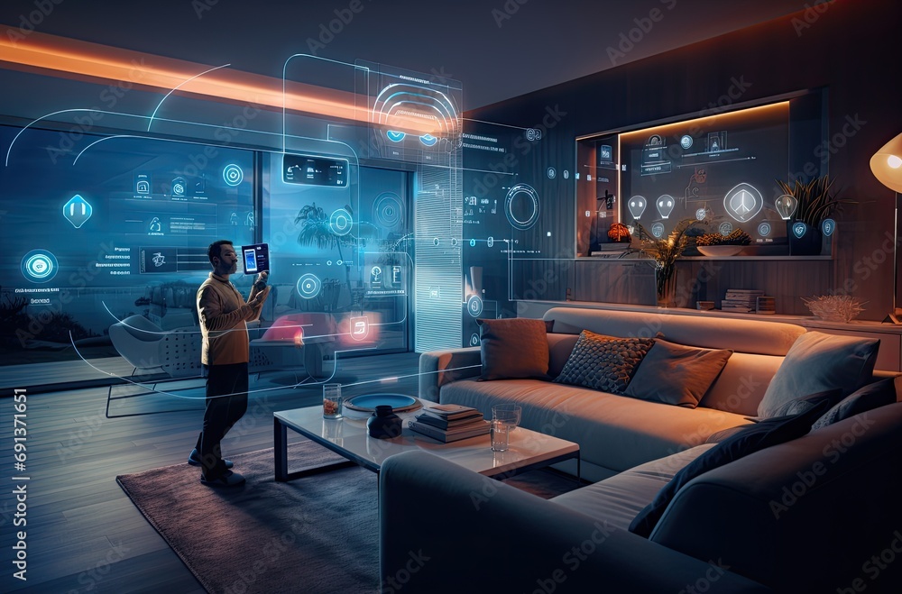 Smart Home Control Hub: Man Touching a Virtual Screen to Manage Smart ...