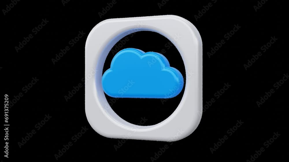 Blue cloud rotating icon in white frame, 3d animation on transparent ...